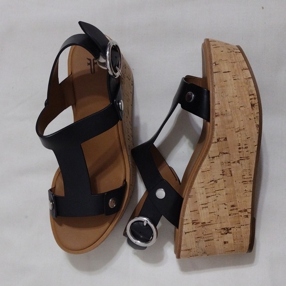 Frye | Shoes | New Frye Black Leather Cork Wedge Platform Sandals Boho ...